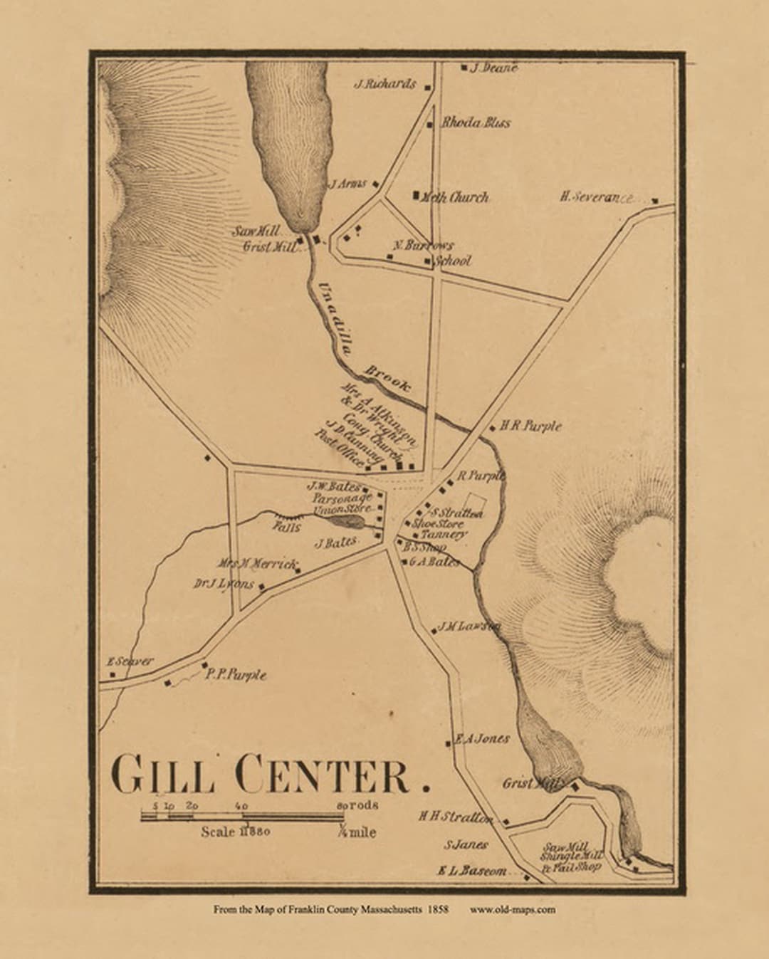 Gill Center 1858 Old Town Map With Homeowner Names -massachusetts ...