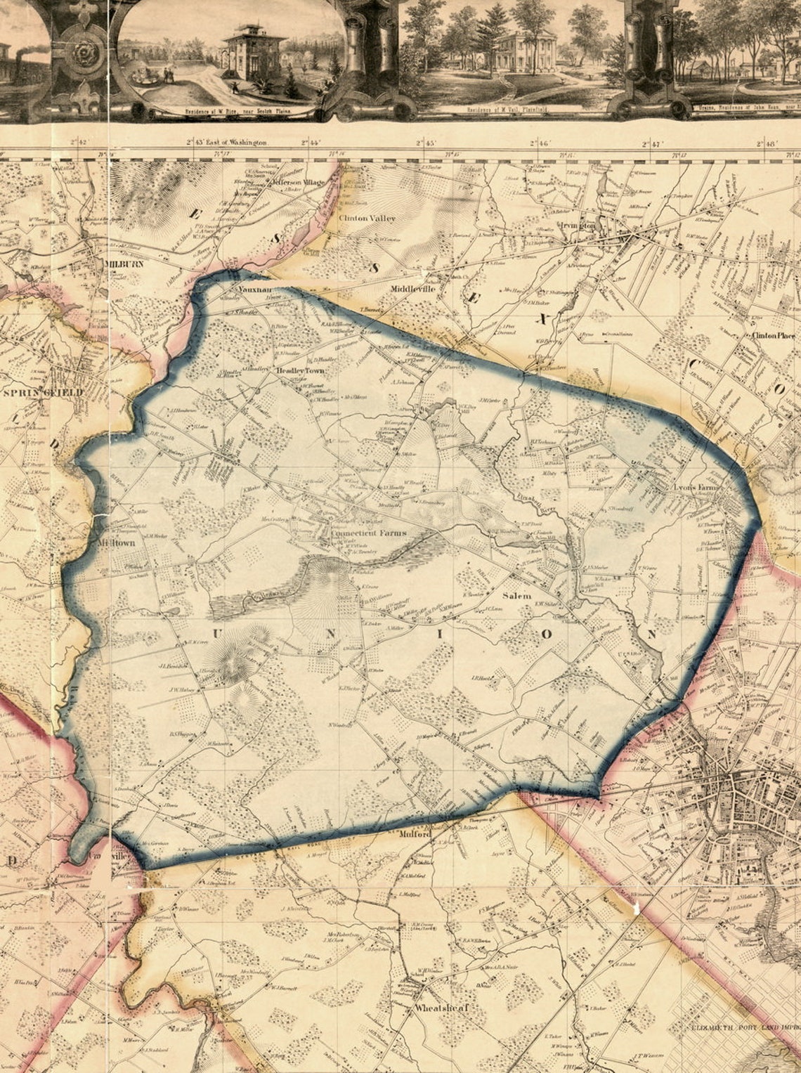 Union 1862 Old Town Map With Homeowner Names Connecticut Farms | Etsy