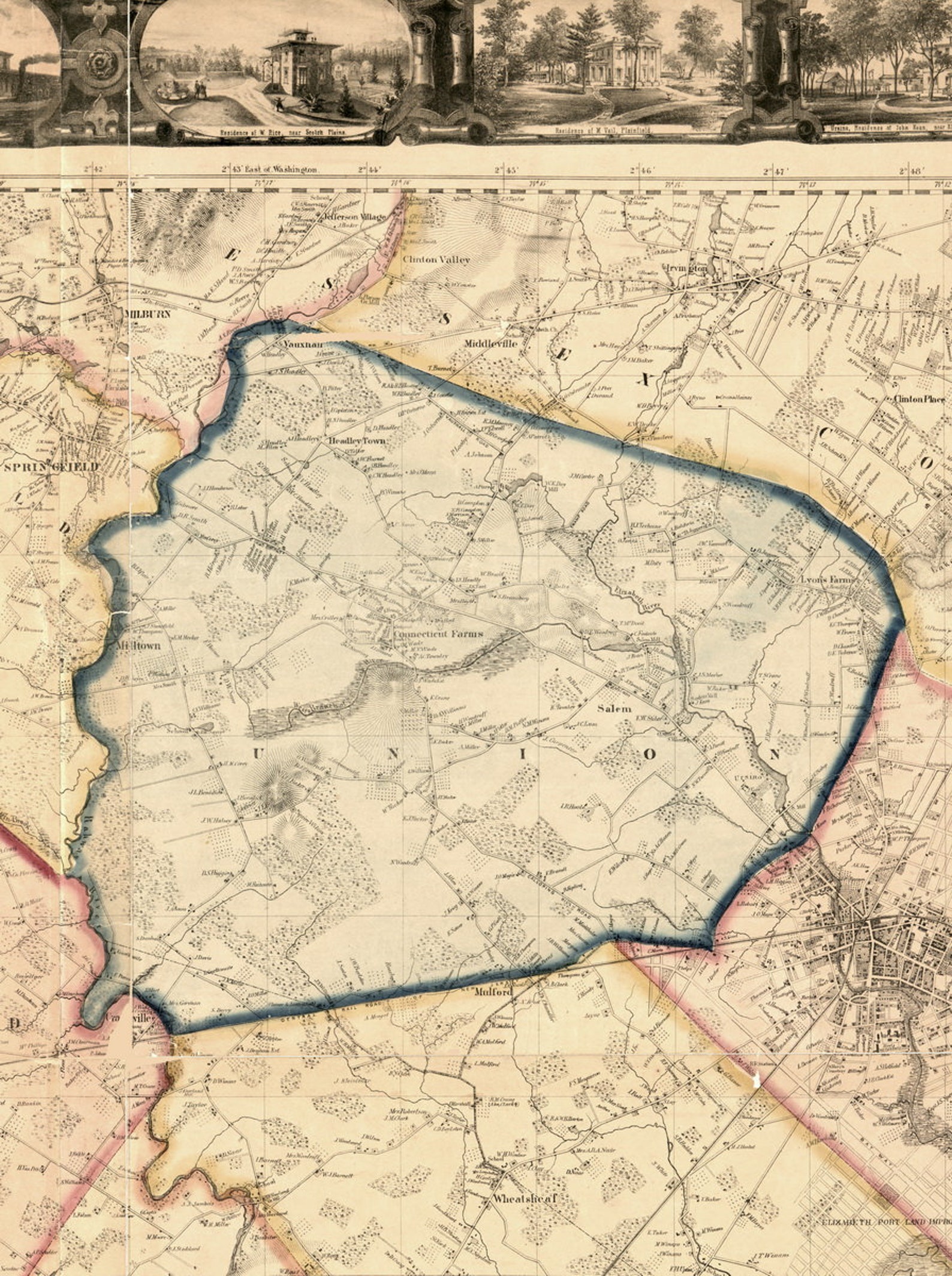 Union 1862 Old Town Map With Homeowner Names Connecticut Farms | Etsy