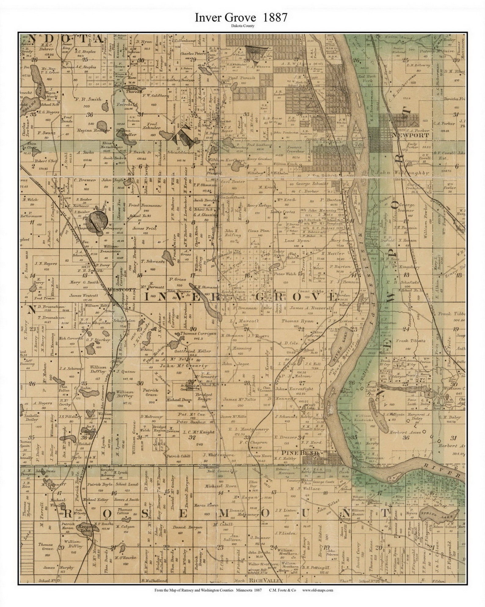 Inver Grove 1887 - Newport - Old Town Map With Homeowner Names ...