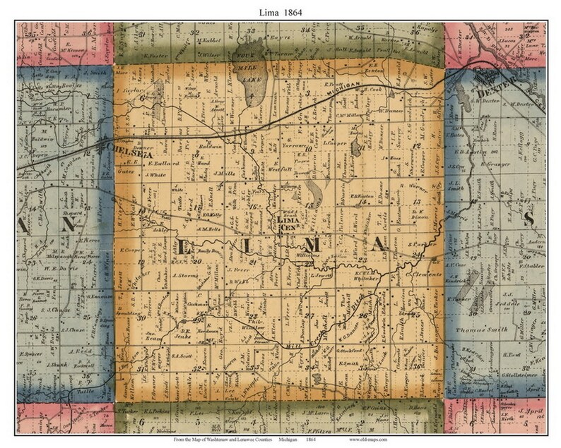 Lima 1864 Old Town Map With Homeowner Names - Michigan - Reprint ...