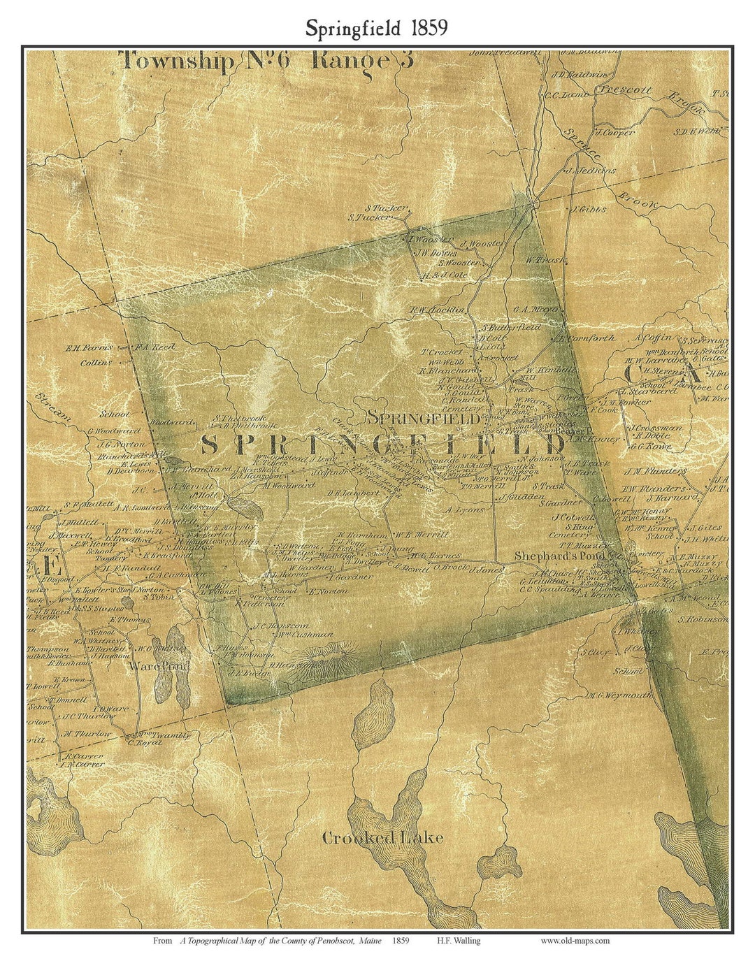 Springfield 1859 Old Town Map With Homeowner Names Maine - Reprint ...