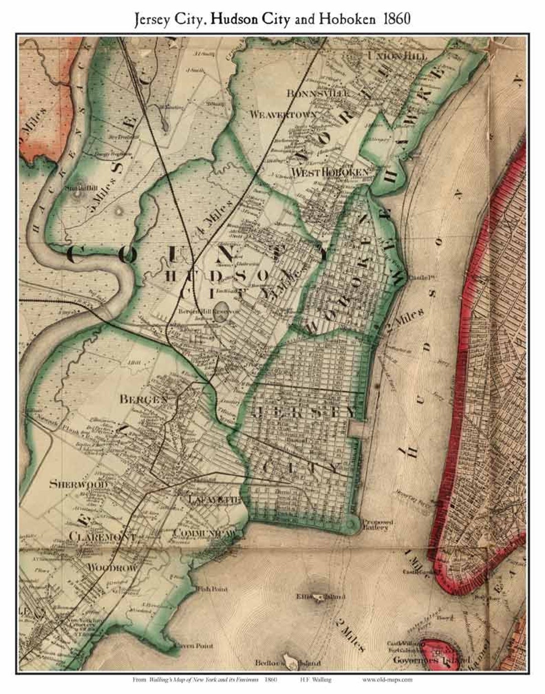 Jersey City, Hudson City & Hoboken, NJ 1860 Map With Homeowner Names ...