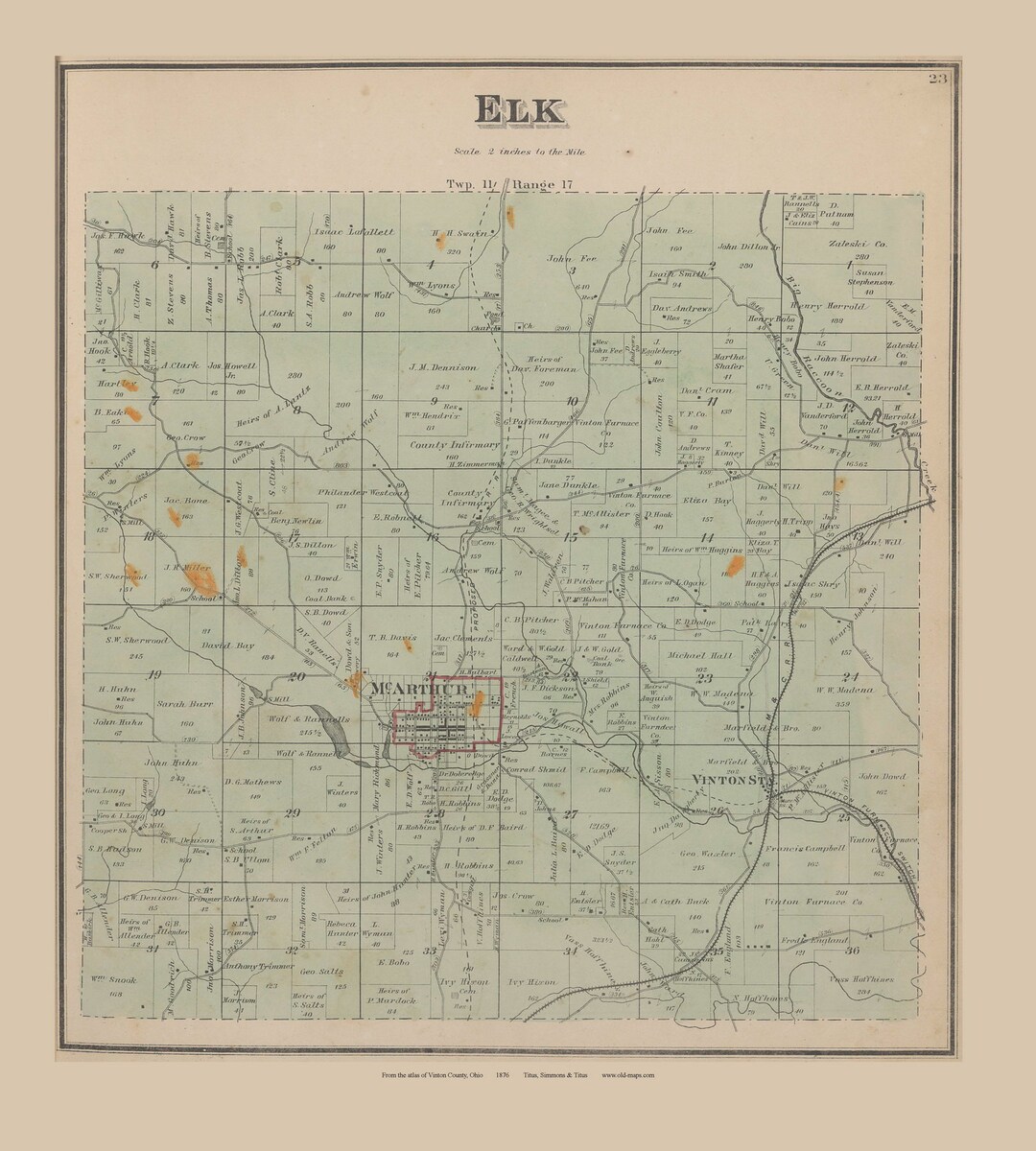 Elk 1876 Old Town Map With Homeowner Names - Ohio - Reprint Genealogy ...