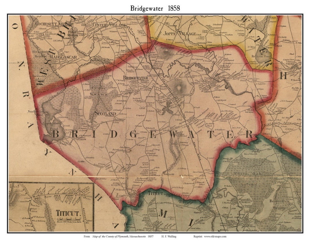 Bridgewater 1857 Old Town Map With Homeowner Names Massachusetts ...