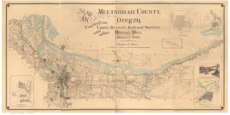 Multnomah County Oregon 1889 Old Wall Map Reprint - Etsy