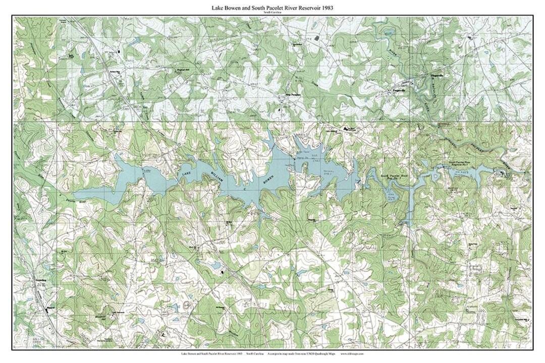 Lake Bowen and South Pacolet River Reservoir 1983 Old Topo Map Custom ...