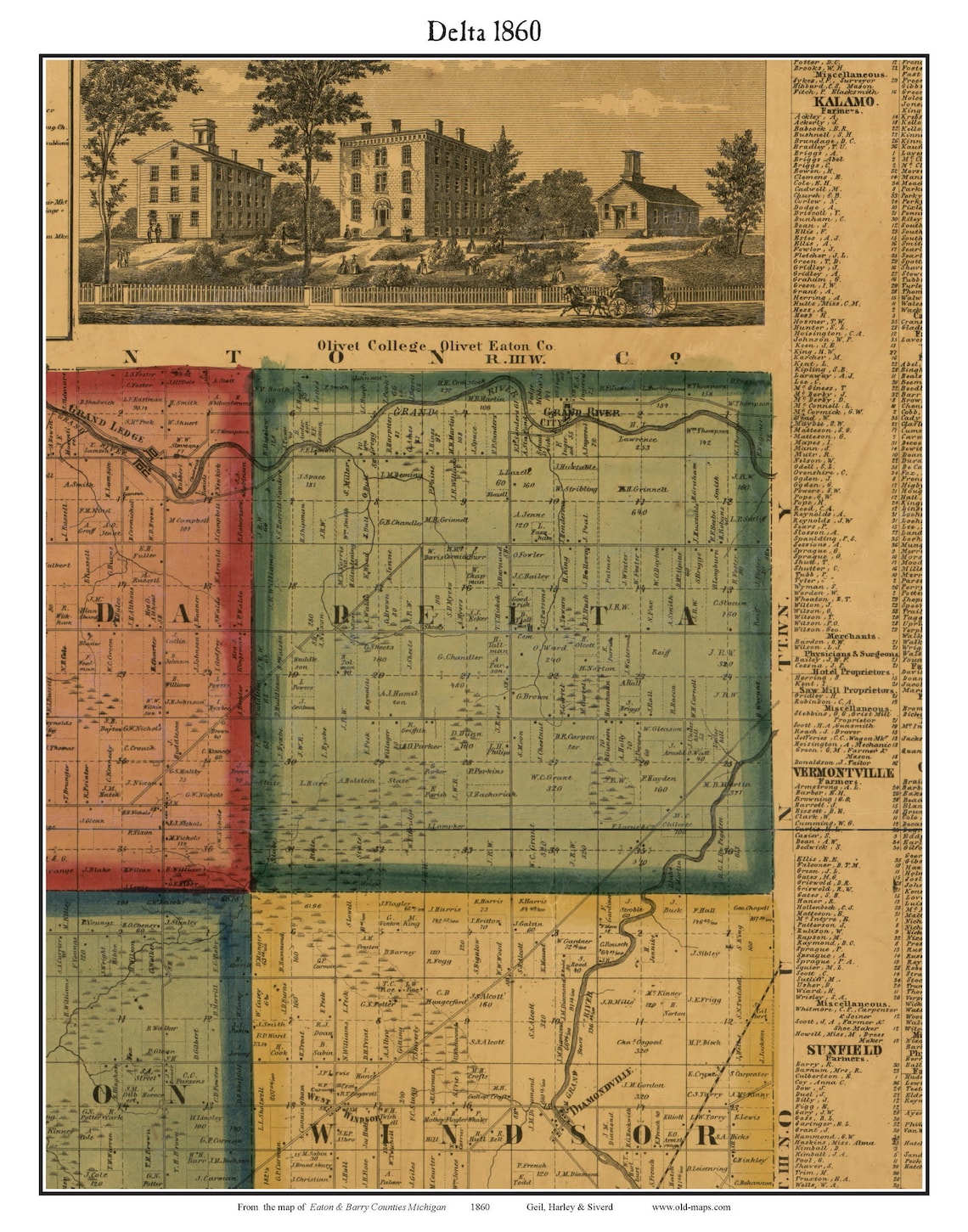 Delta 1860 Old Town Map With Homeowner Names Grand River | Etsy