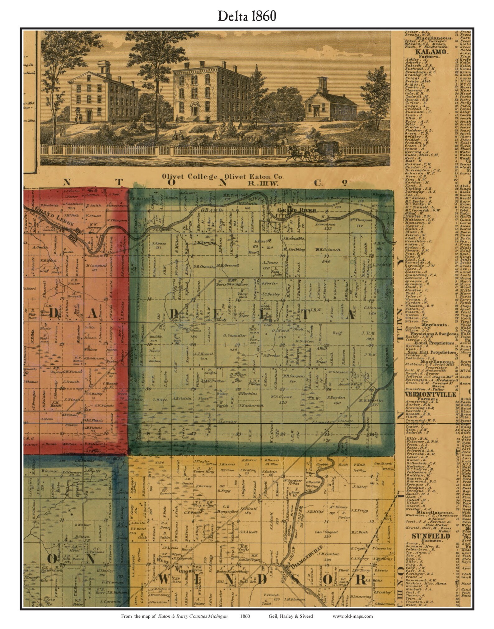 Delta 1860 Old Town Map With Homeowner Names - Grand River - Michigan ...