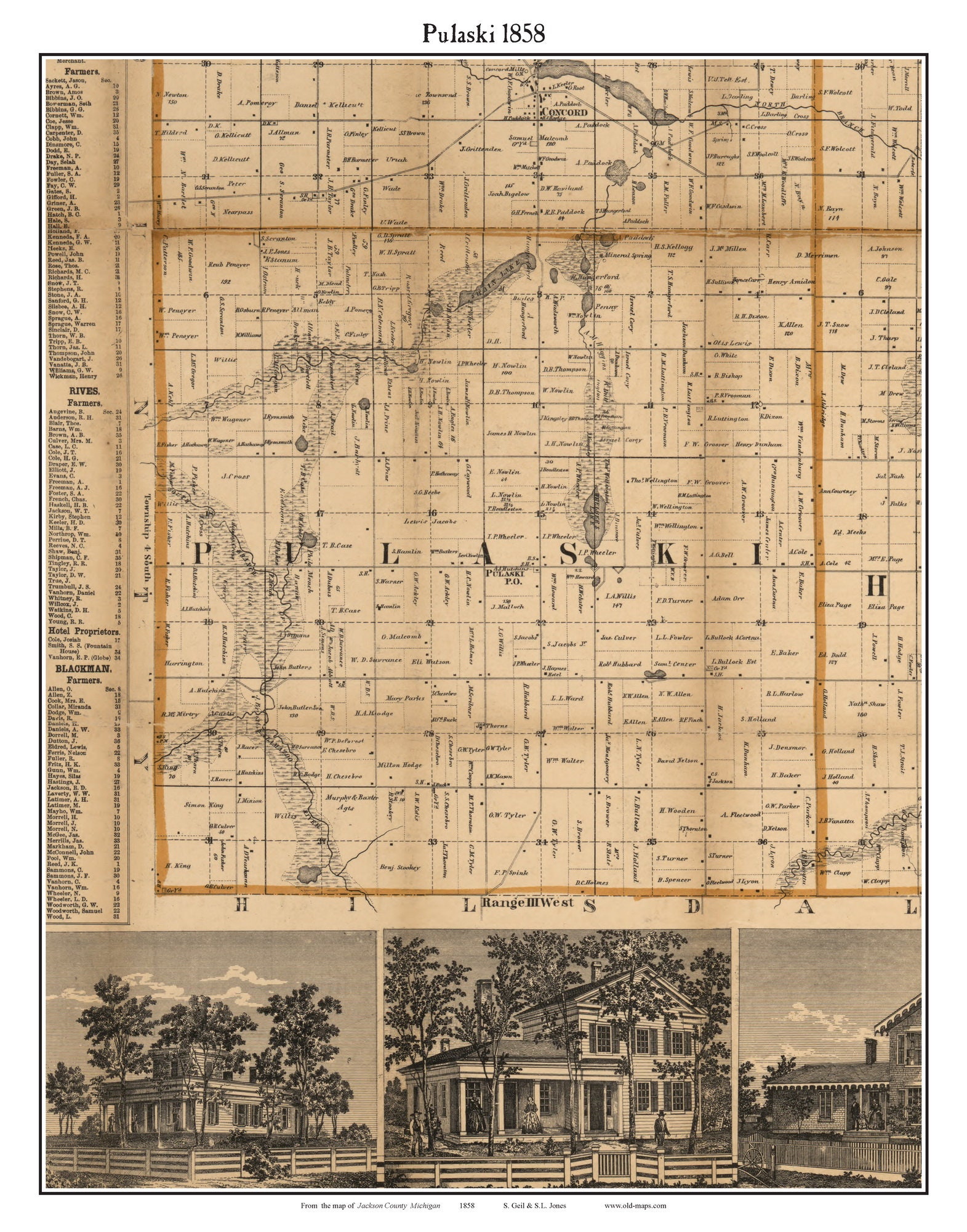 Pulaski 1858 Old Town Map With Homeowner Names - Michigan - Reprint ...