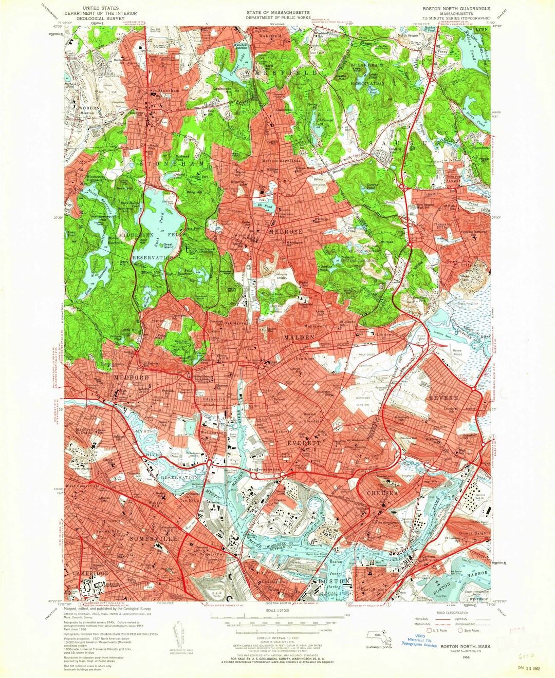 Boston North 1956 (1962) Old Topo Map - Somerville - Chelsea - Malden ...