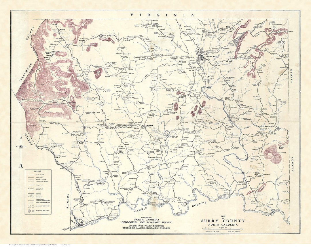 Surry County 1921 - Old Wall Map North Carolina With Homeowner Names ...