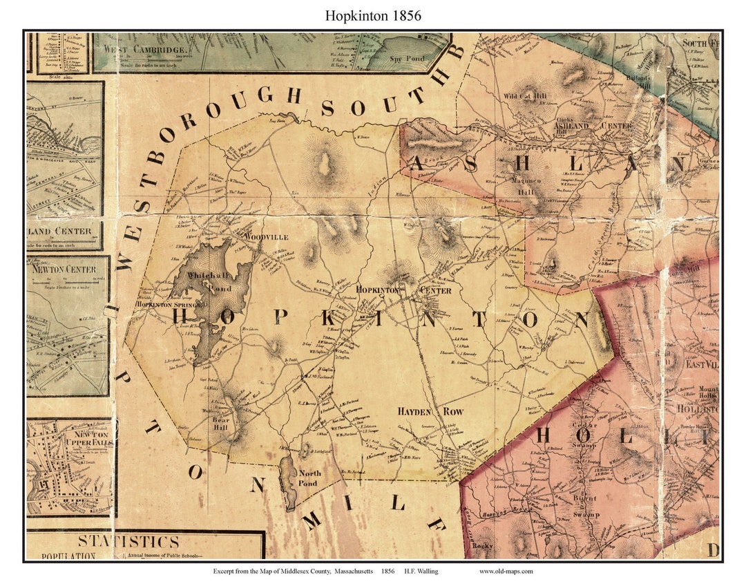 Hopkinton 1856 Old Town Map With Homeowner Names Massachusetts Hayden ...