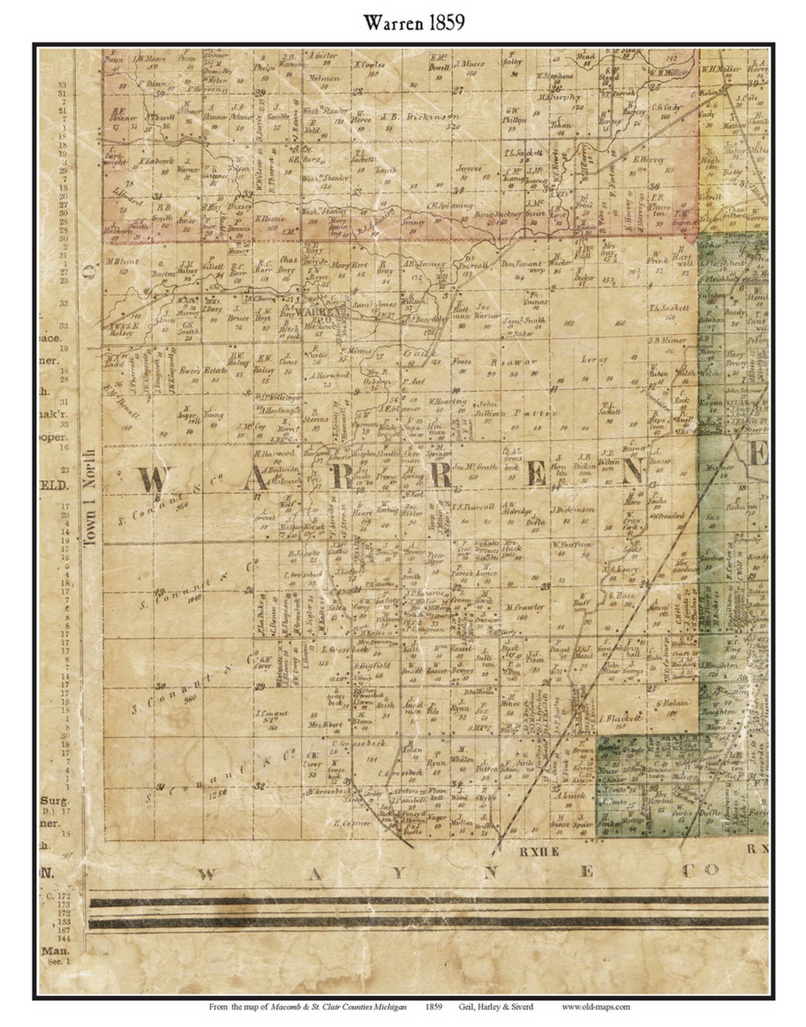 Warren 1859 Old Town Map With Homeowner Names Michigan - Etsy