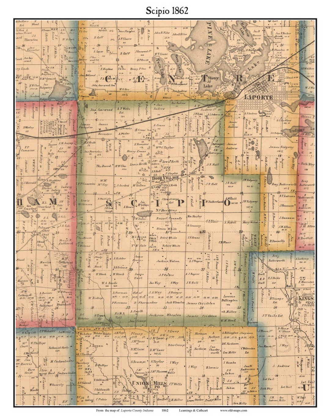 Scipio 1862 Old Town Map With Homeowner Names Indiana Door Village ...