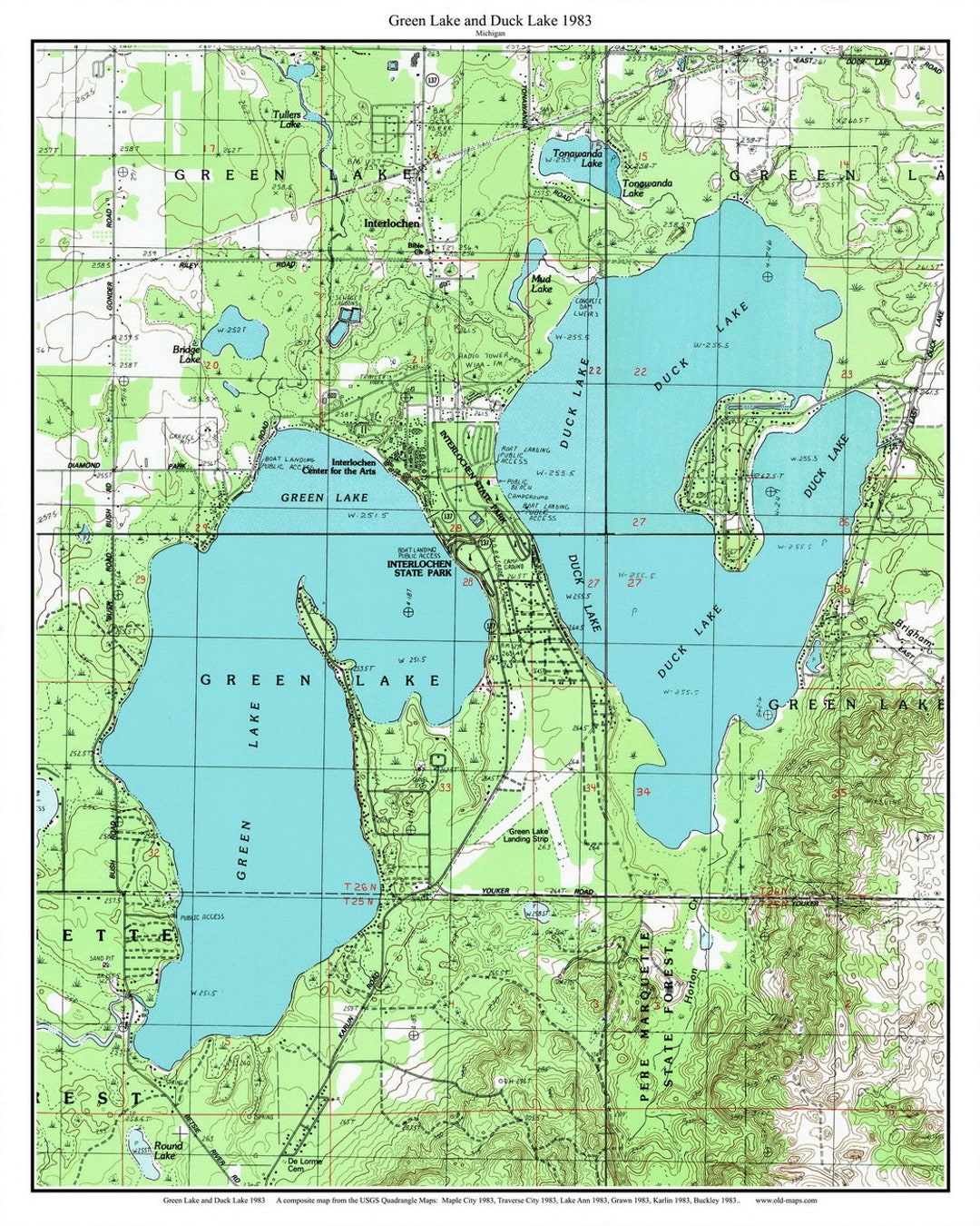 Green Lake & Duck Lake - 1983 Map - Grand Traverse County Michigan ...