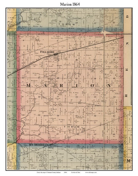Marion 1864 Old Town Map With Homeowner Names Indiana Fillmore | Etsy