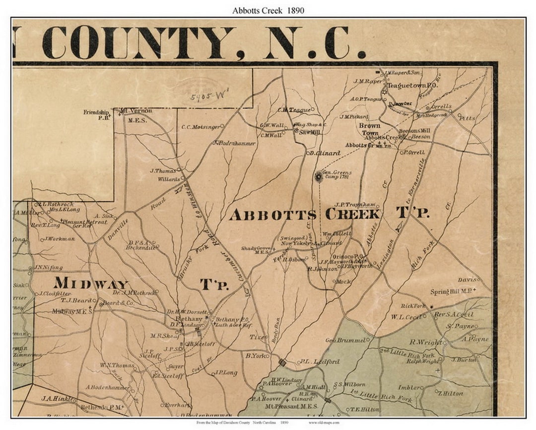 Abbotts Creek 1890 Old Town Map With Homeowner Names - North Carolina - Reprint Davidson County ...