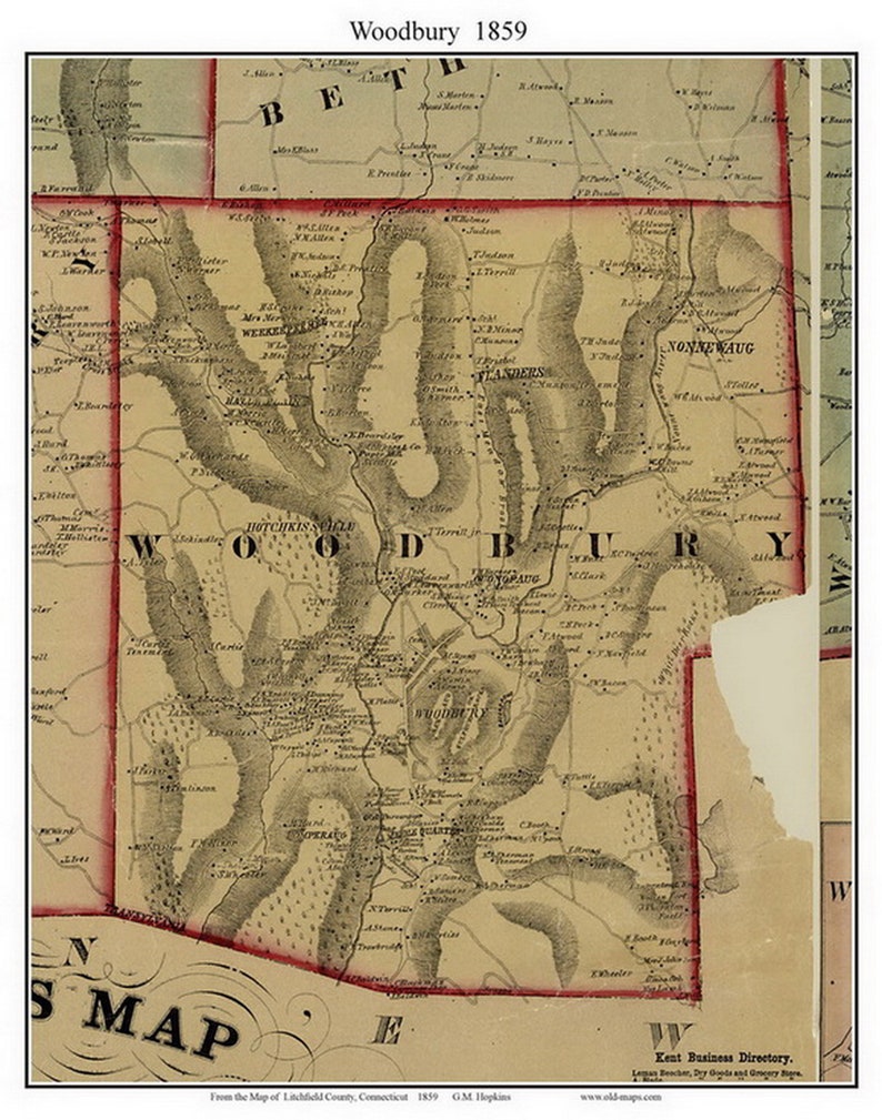 Woodbury 1859 Old Town Map With Homeowner Names Connecticut Reprint ...