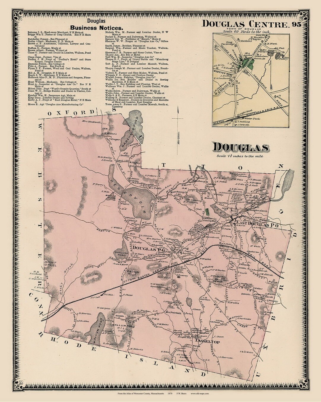 Douglas 1870 Old Town Map With Homeowner Names Massachusetts Douglas ...