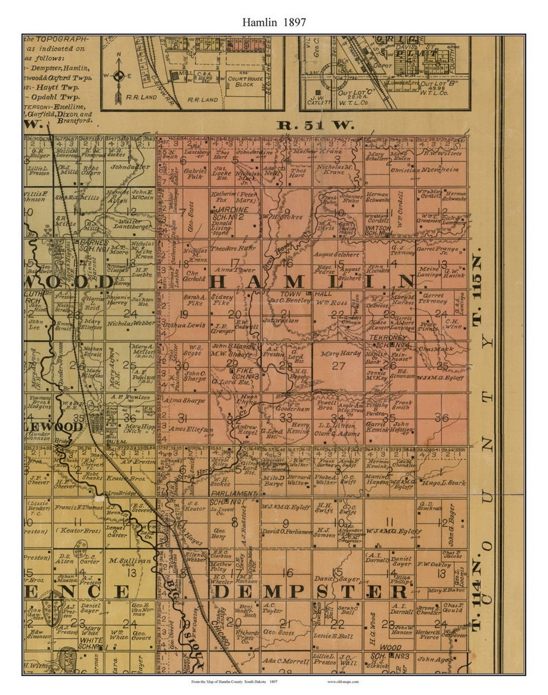 Hamlin 1897 Old Town Map With Homeowner Names South Dakota Hamlin ...