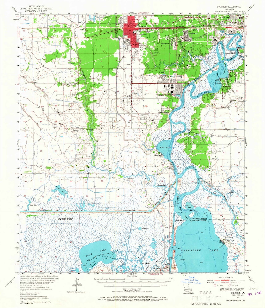 Sulpher 1955 1967 Old Topo Map Calcasieu Lake Black Lake Quad Reprint ...