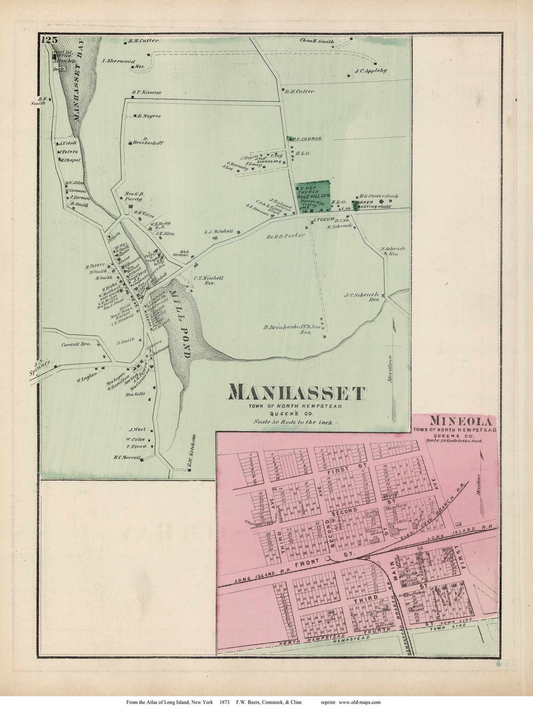 North Hempstead Manhasset 1873 Old Map Long Island New York With ...