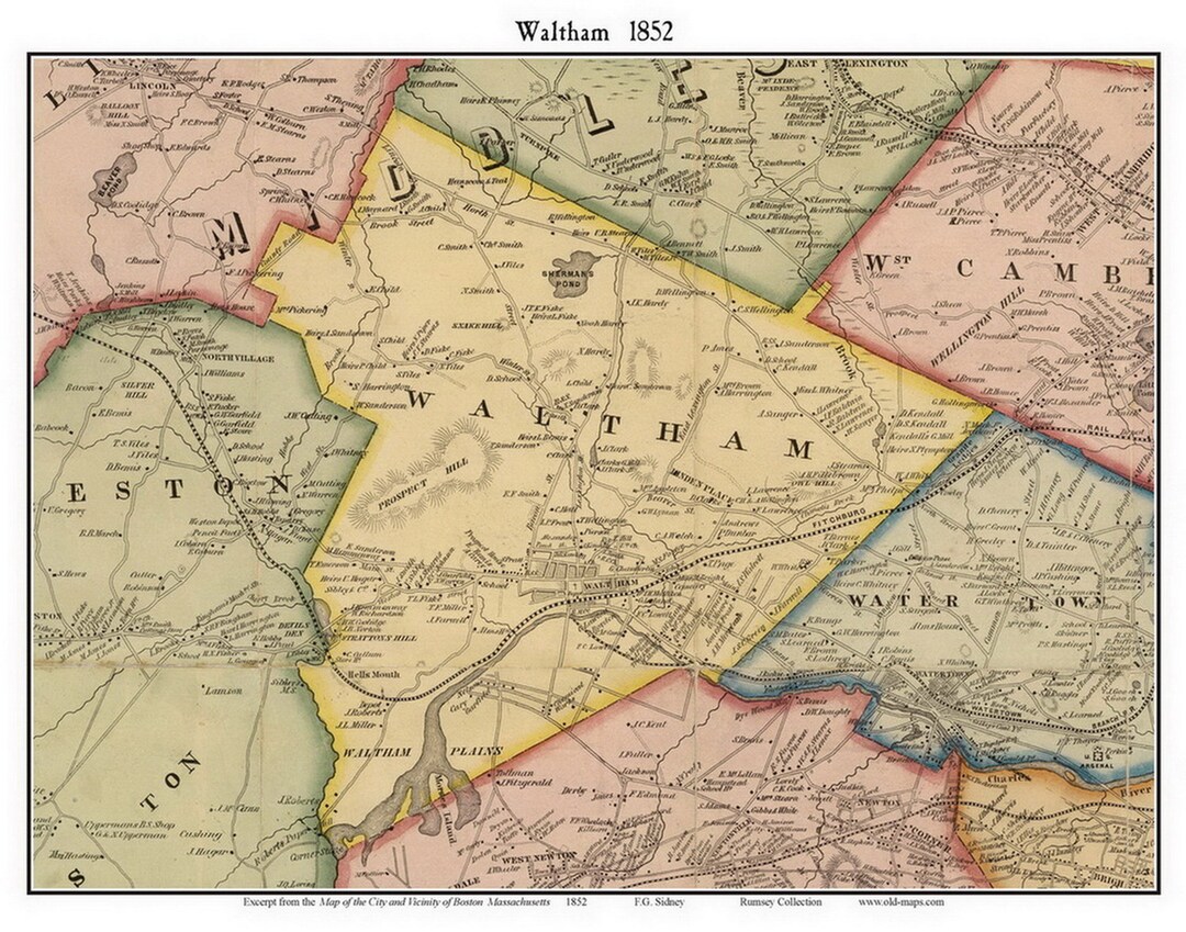 Waltham 1852 Old Town Map With Homeowner Names Massachusetts - Reprint ...