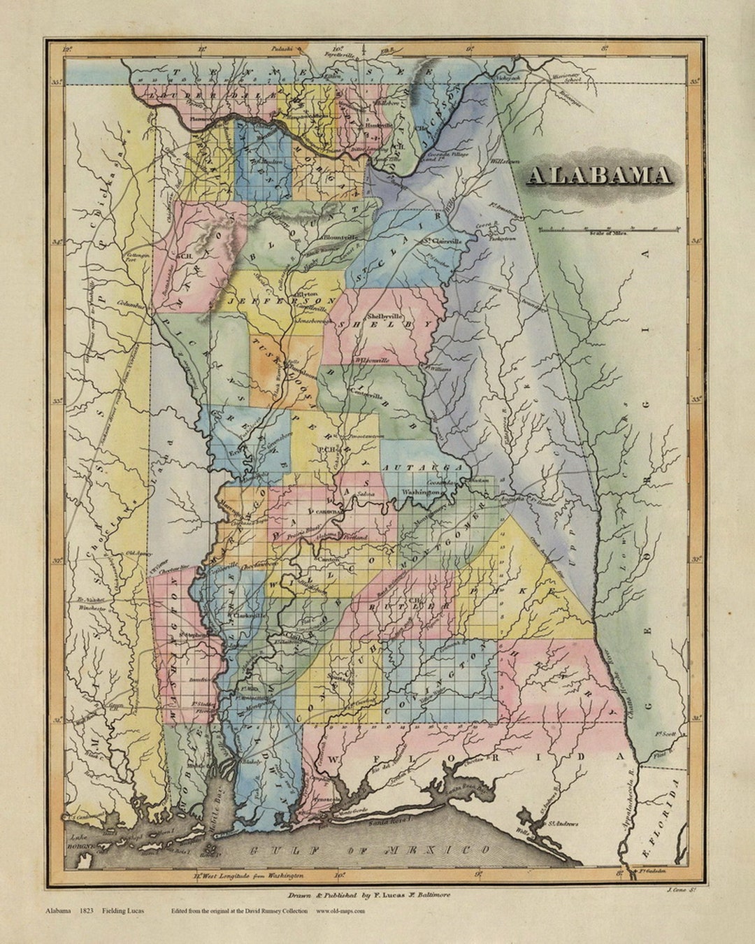 Alabama 1823 Old State Map Colorful Counties Reprint - Etsy