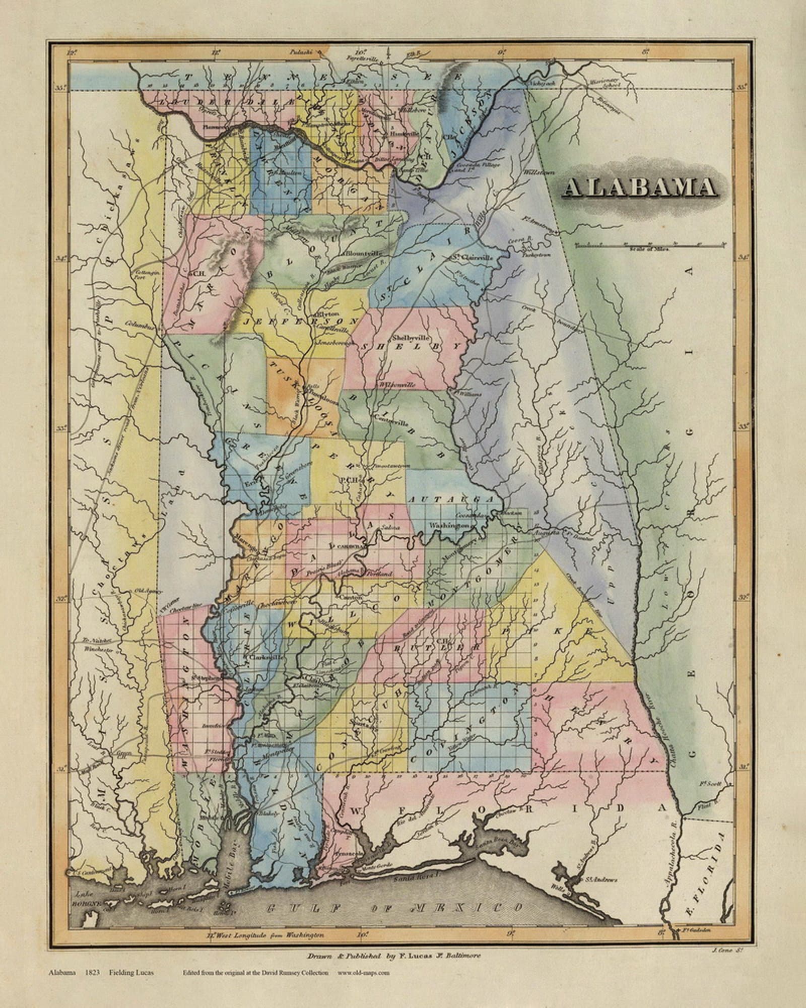 Alabama 1823 Old State Map Colorful Counties Reprint - Etsy