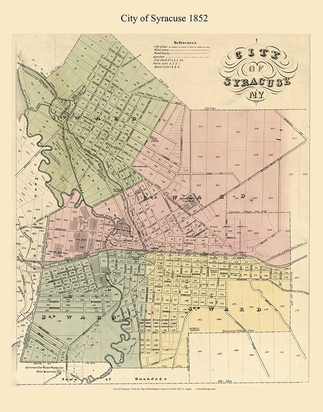Syracuse City 1852 Old Town Map With Homeowner Names New York - Reprint ...