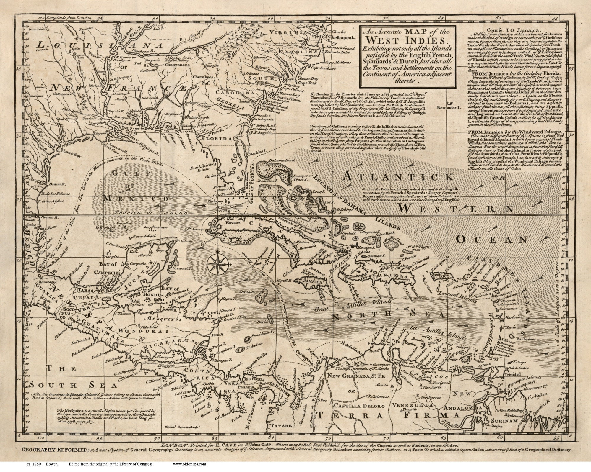Caribbean 1750 Map by Bowen Reprint Cuba Puerto Rico | Etsy