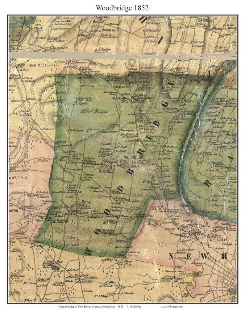 Woodbridge 1852 Old Town Map With Homeowner Names Connecticut - Etsy