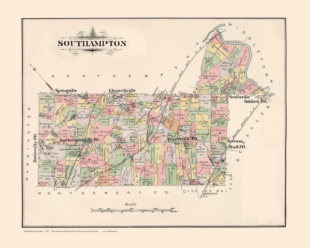 Southampton 1891 Old Town Map With Homeowner Names Pennsylvania ...