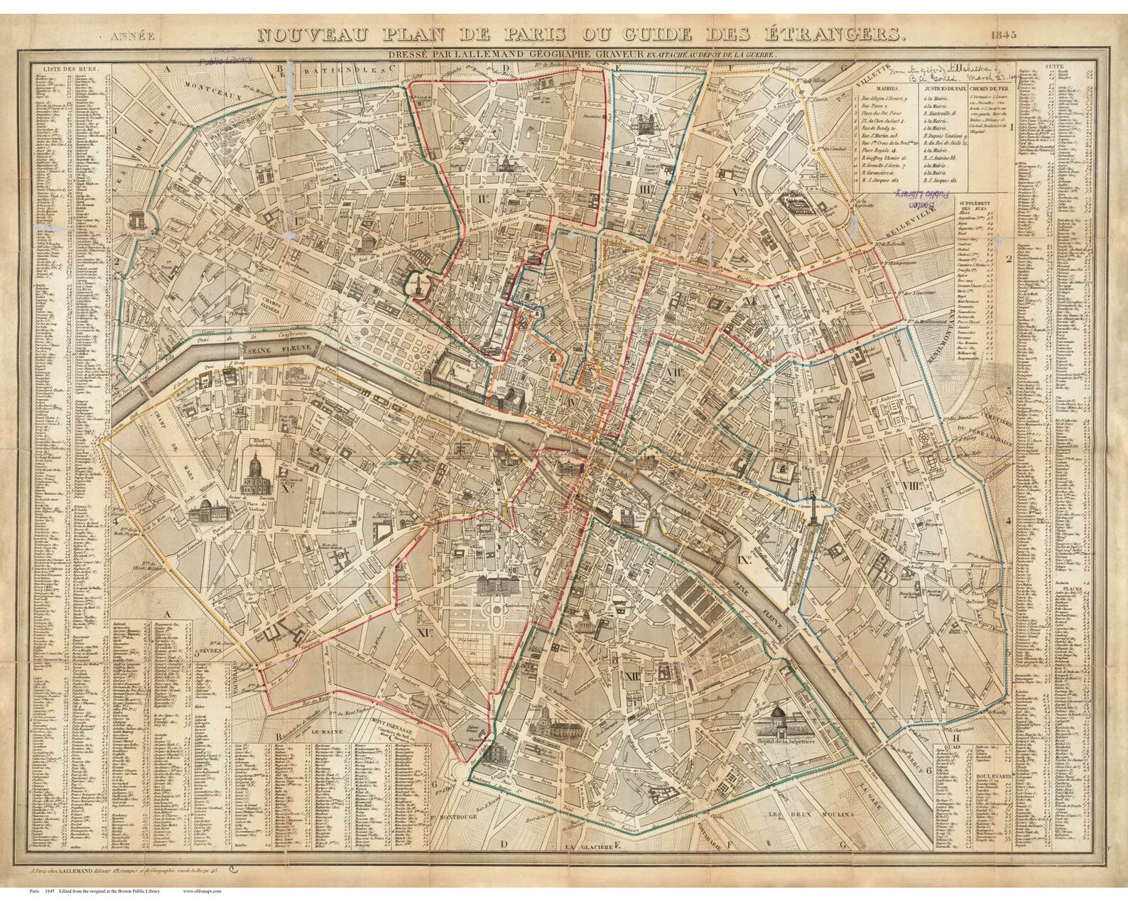 Old Map of Paris 1845 France - Tourist Guide -- Street Index-- Reprint ...