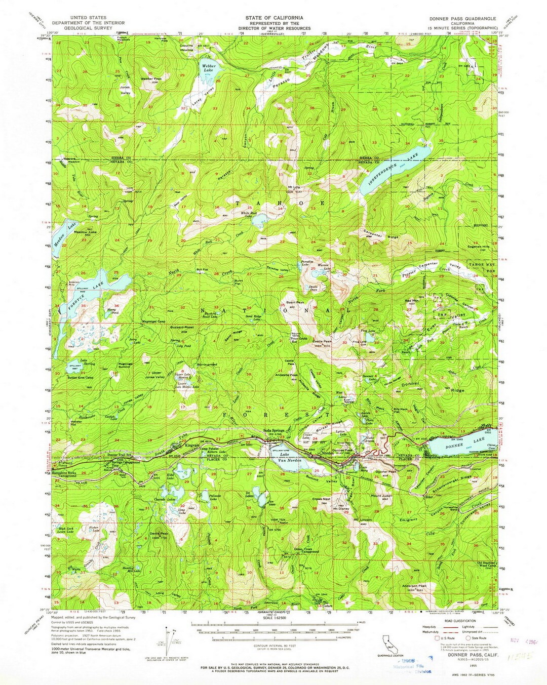 Donner Pass 1955 Old Topo Map Tahoe National Forest Quad Reprint 15x15 ...