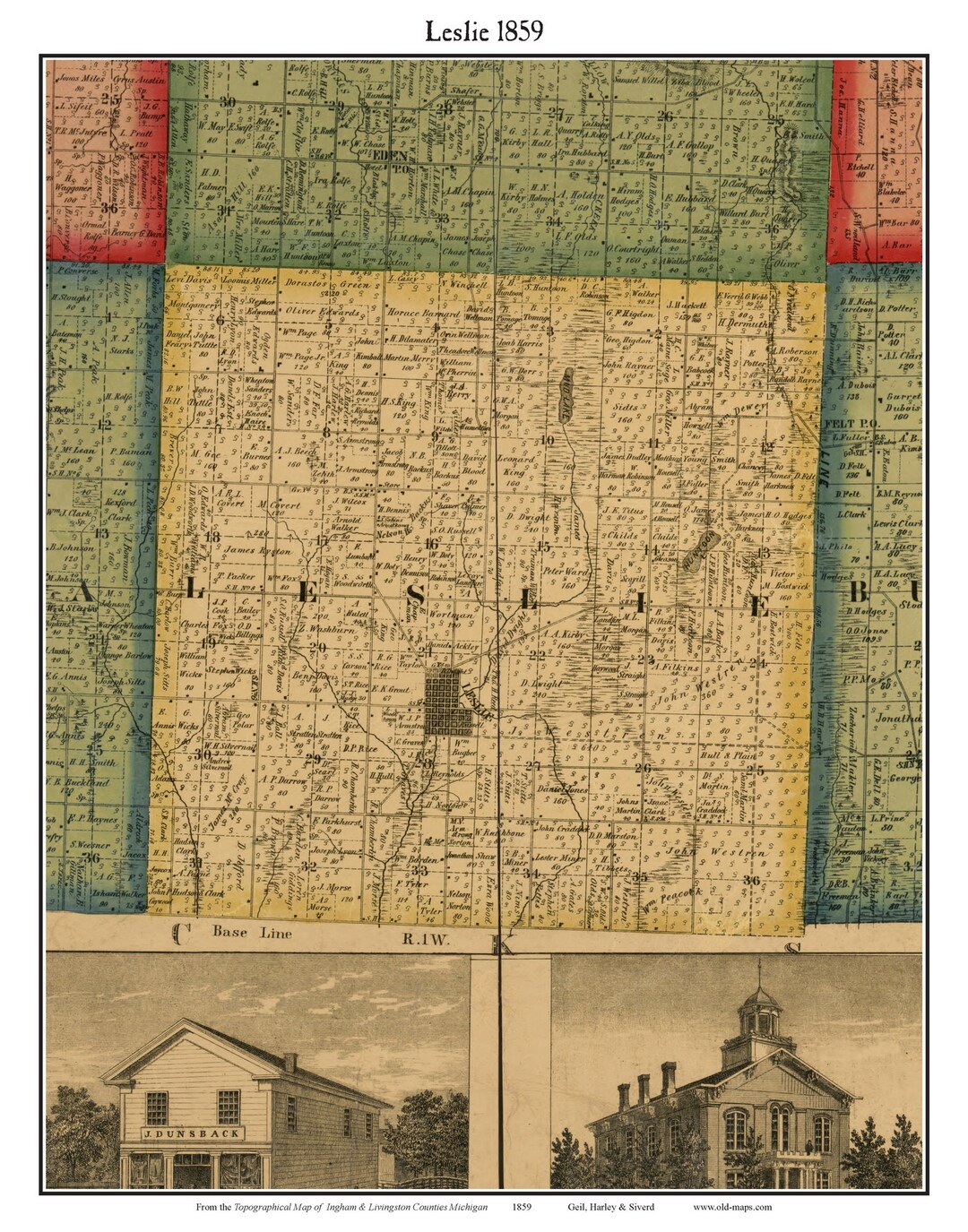 Leslie 1859 Old Town Map With Homeowner Names - Mud Lake - Michigan ...
