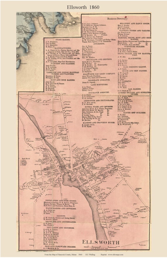 Ellsworth Village 1860 Old Town Map With Homeowner Names Maine - Etsy