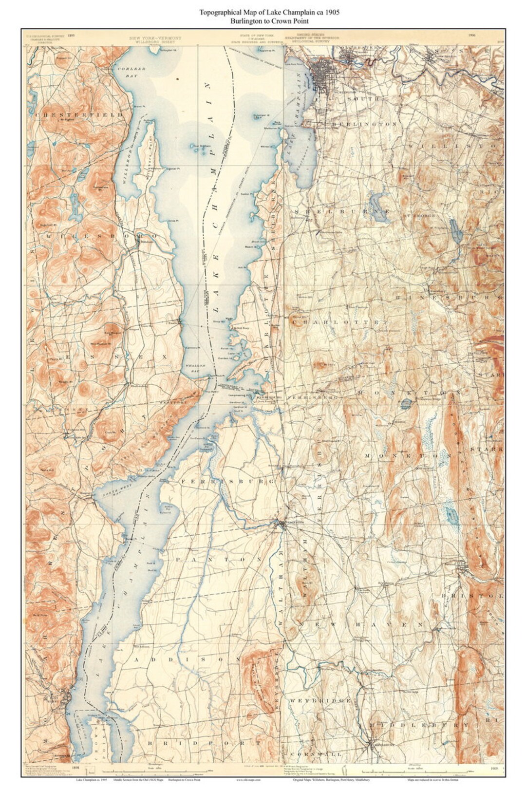 Lake Champlain Middle 1905 Old Topographic Map USGS - Custom Composite ...