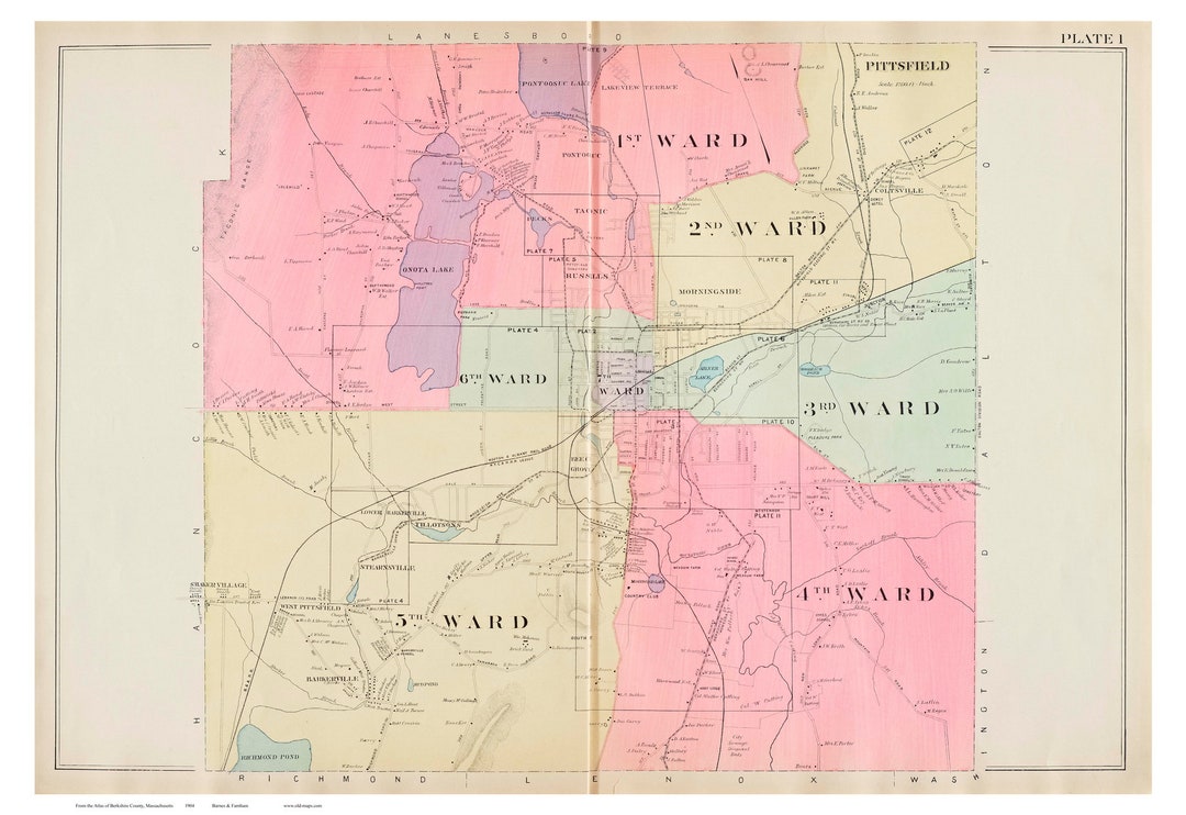 Pittsfield 1904 Old Town Street Map Reprint Index Map Showing Wards 1 ...