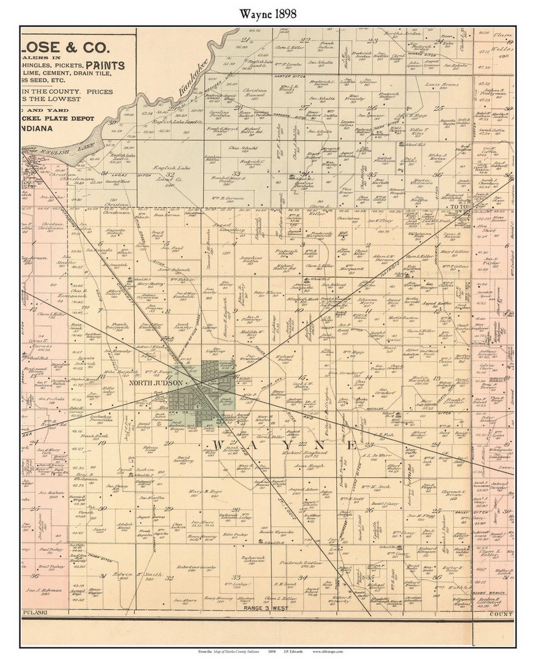 Wayne 1898 Old Town Map With Homeowner Names Indiana North Hudson ...