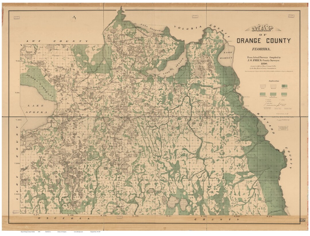 Orange County Florida 1890 Old Wall Map Reprint With Homeowner Names ...
