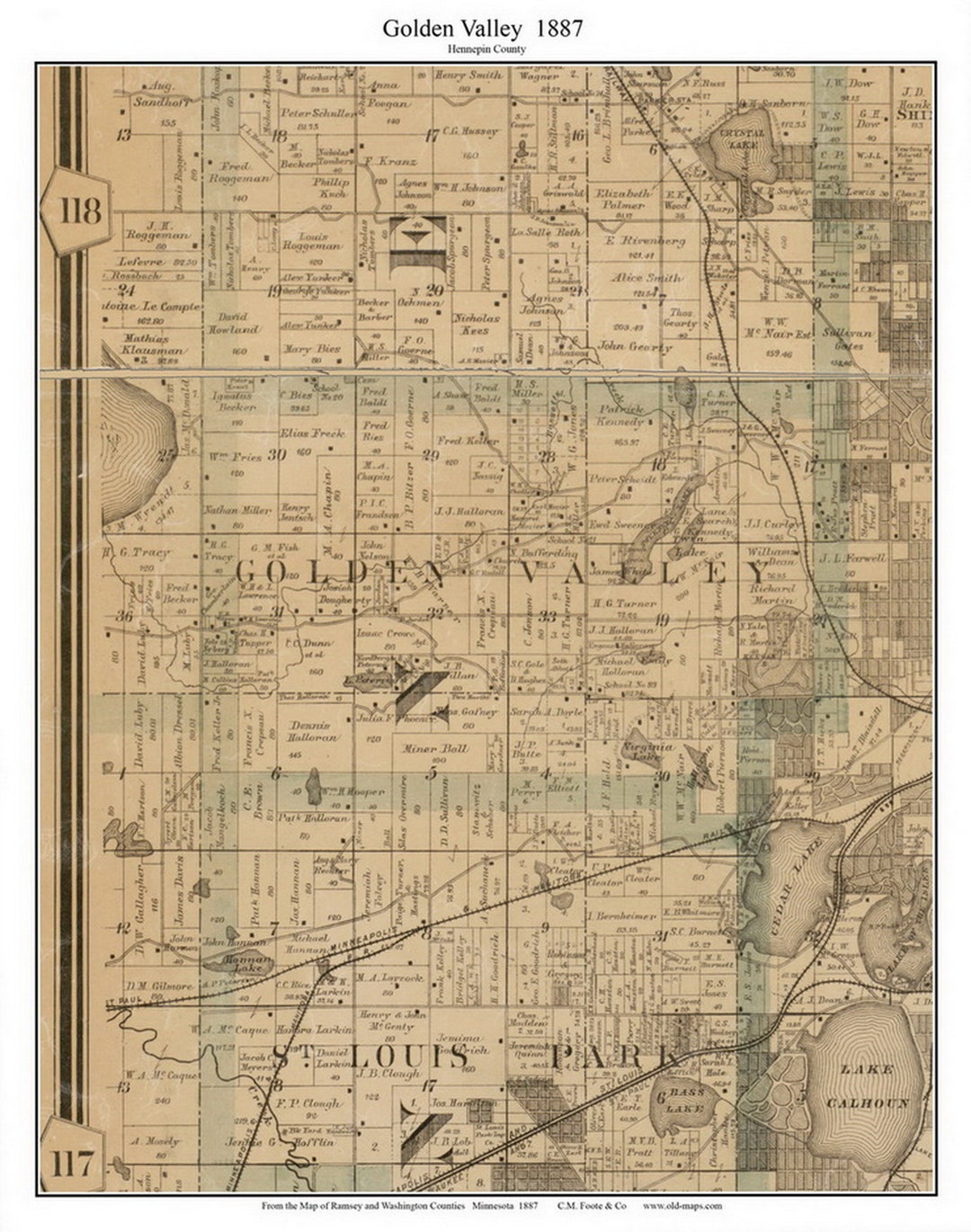 Golden Valley 1887 - Cedar Lake - Old Town Map With Homeowner Names ...