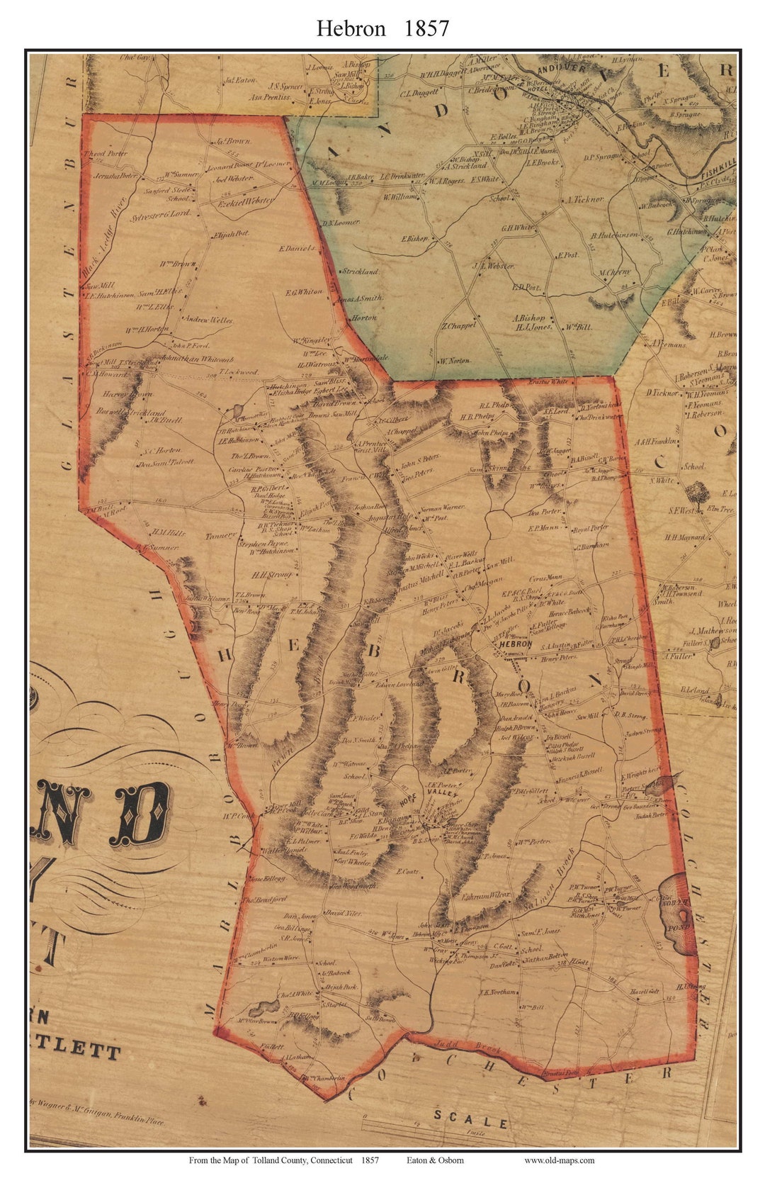 Hebron 1857 Old Town Map With Homeowner Names Connecticut - Reprint ...