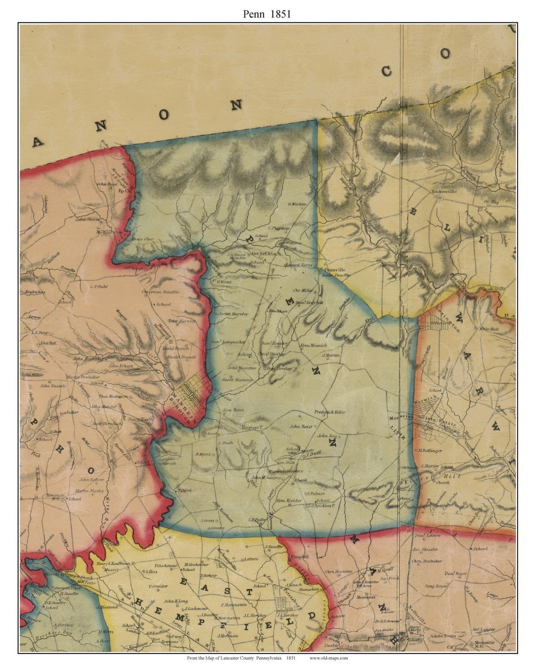 Penn 1851 Old Town Map With Homeowner Names - Pennsylvania - Reprint ...