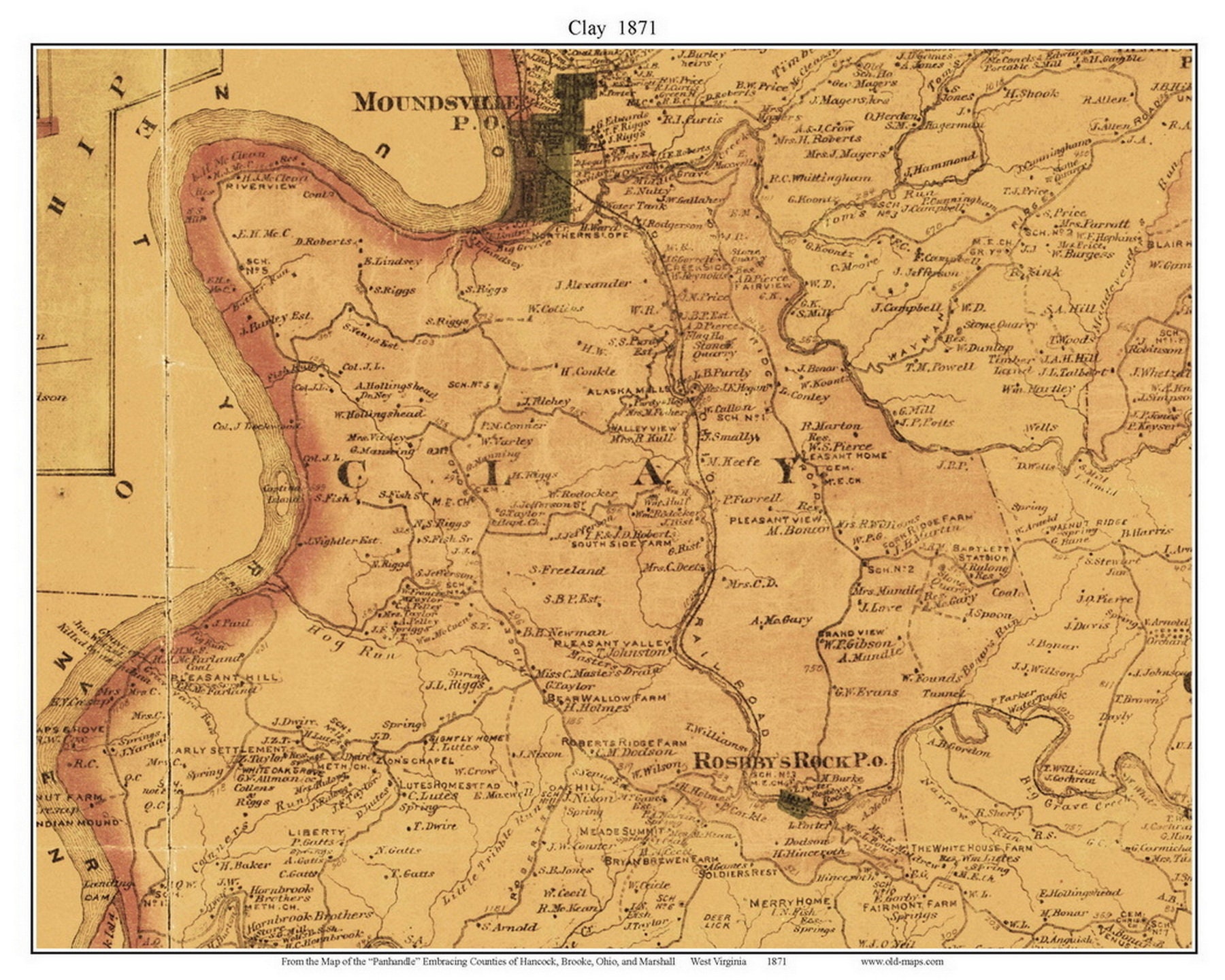 Clay 1871 Old Town Map With Homeowner Names Rosbbys Rock Moundsville ...