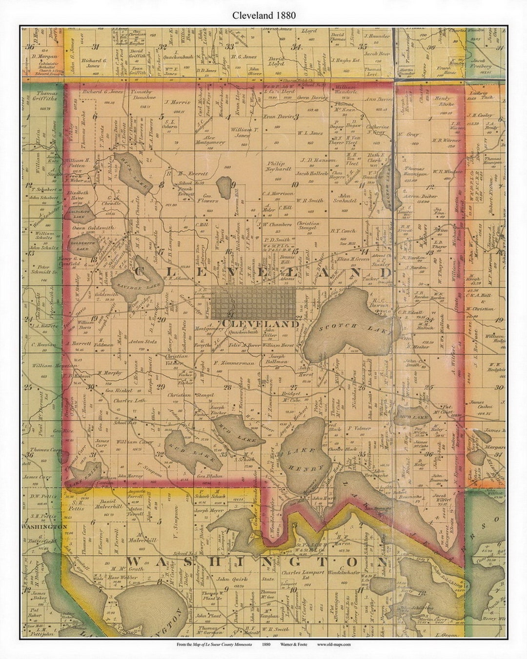 Cleveland 1880 - Old Town Map With Homeowner Names Minnesota - Reprint ...