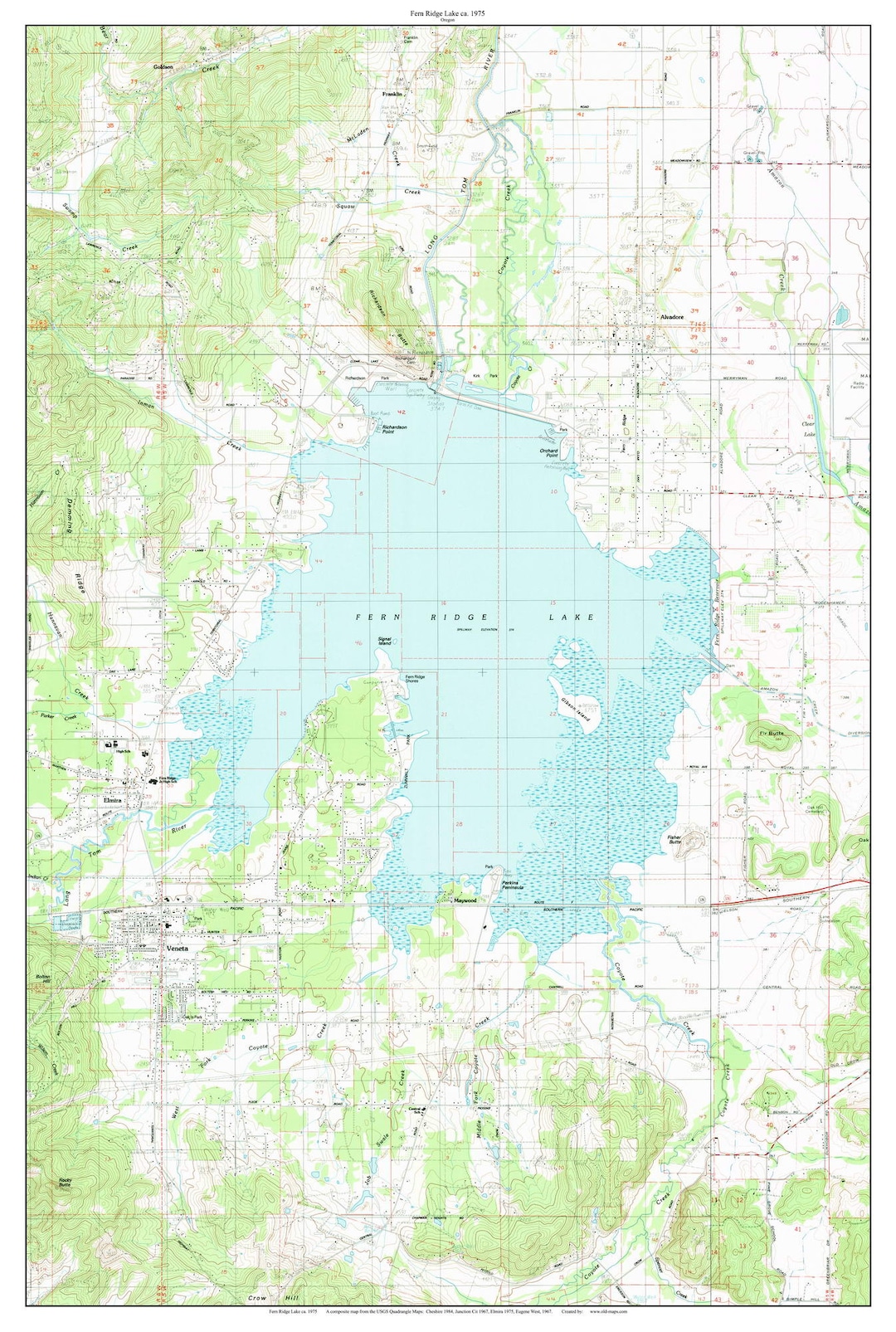 Fern Ridge Lake 1975 Old Topographic Map USGS Custom Composite Reprint ...