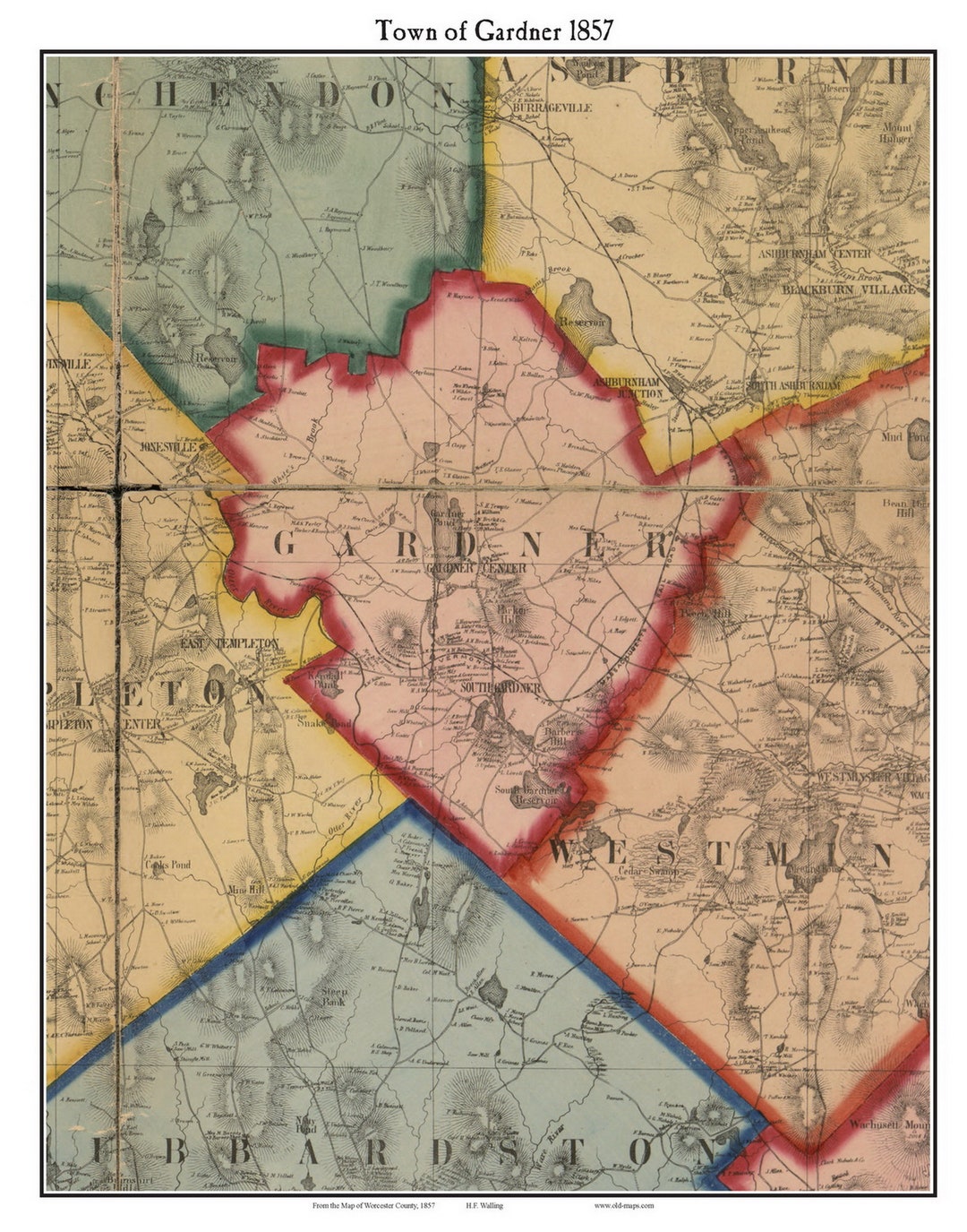 Gardner 1857 Old Town Map With Homeowner Names Massachusetts - Reprint ...