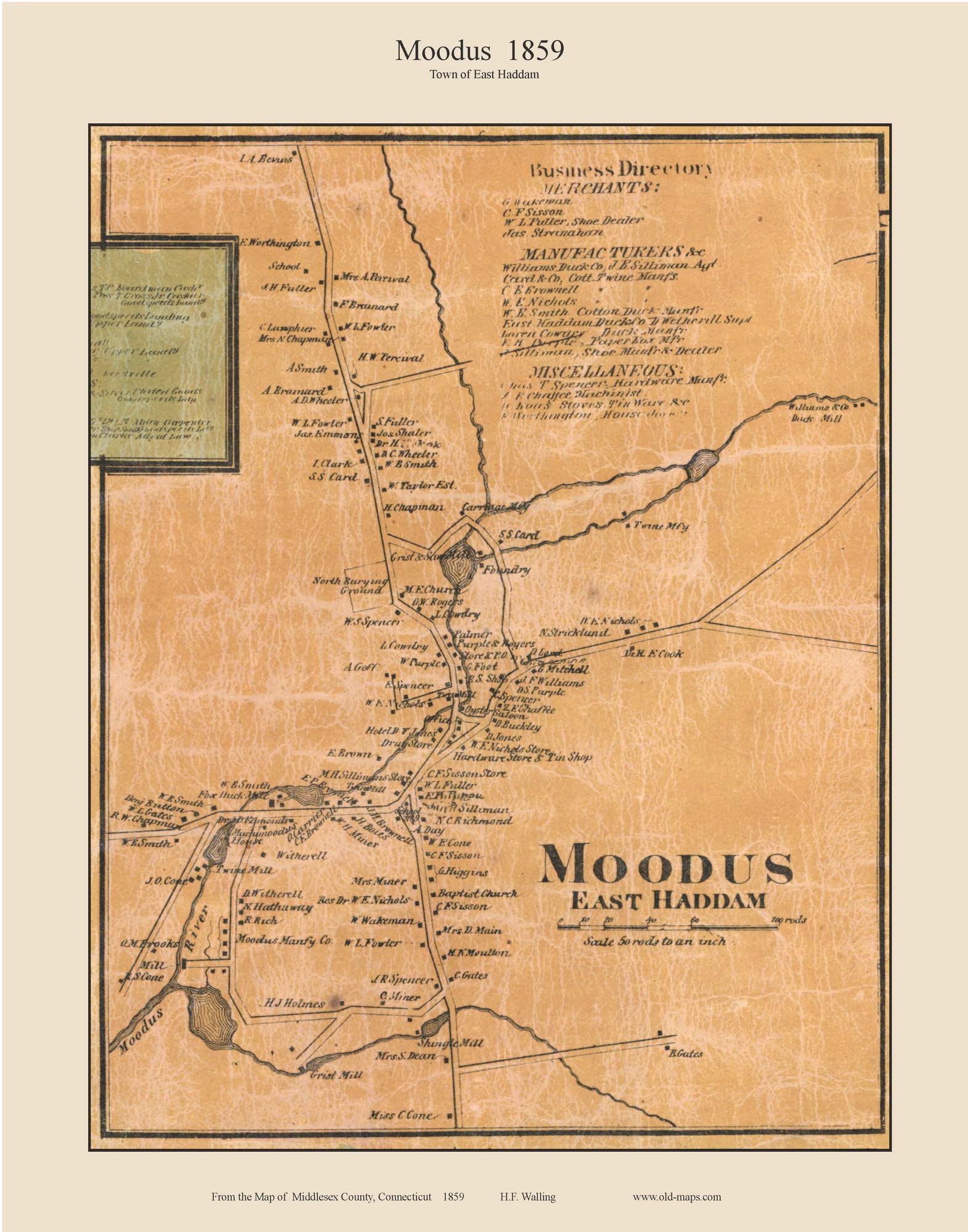 East Haddam - Moodus 1859 Old Town Map With Homeowner Names Connecticut ...